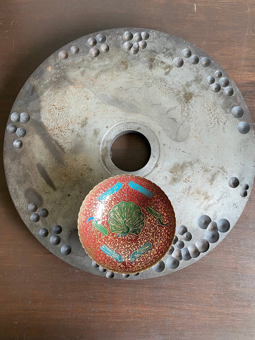 Vintage Mini Solid Brass Bowl With Peacock, Enameled Brass Bowl ...
