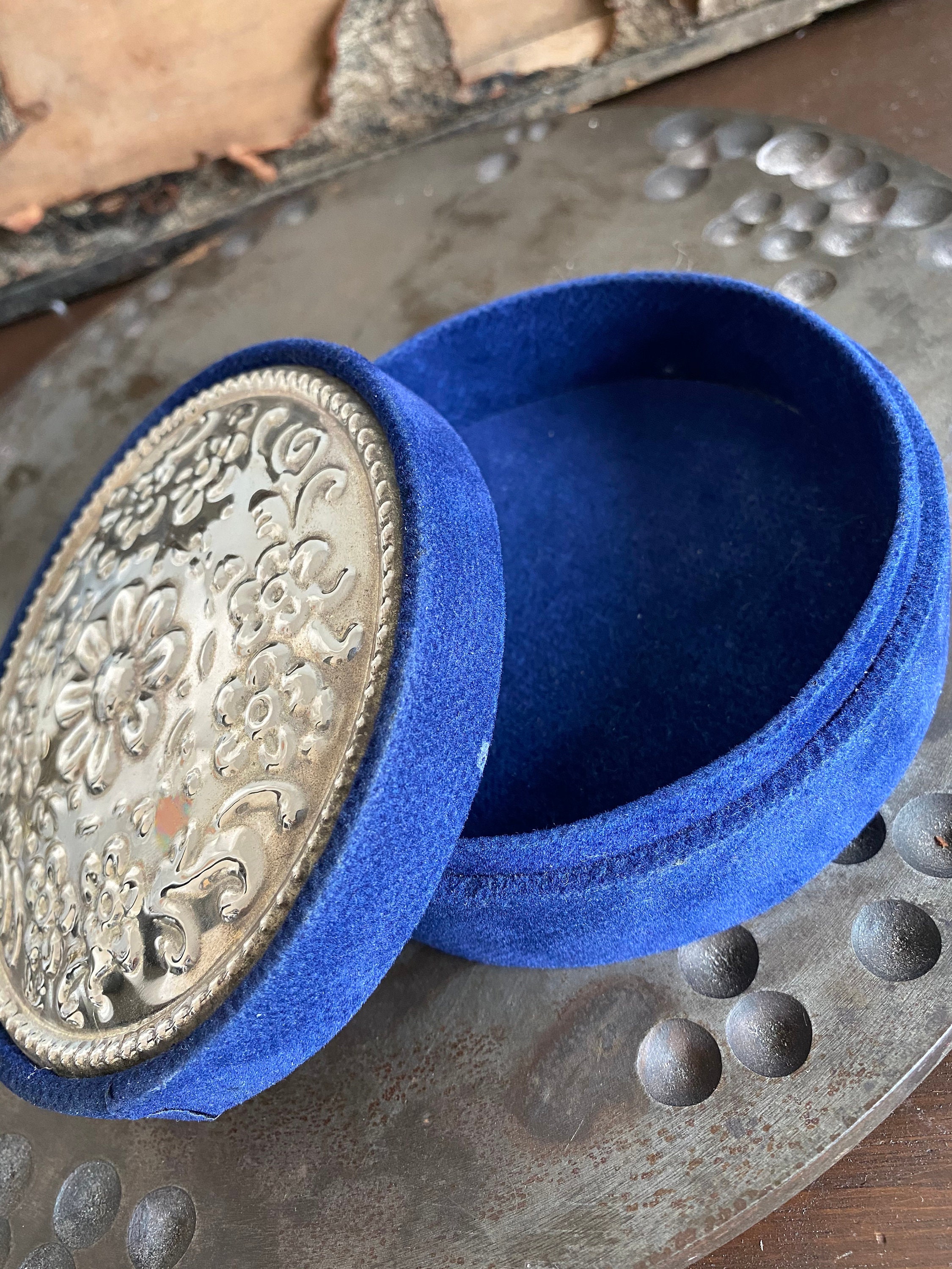 Vintage Blue Velvet Jewelry Trinket Box With Metal Inlay - Etsy
