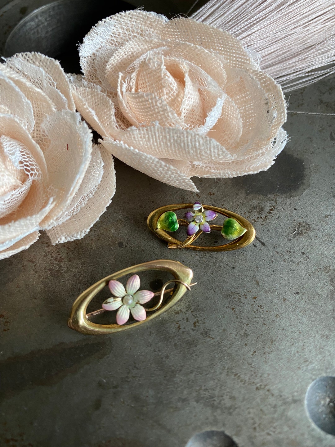 Vintage Art Nouveau Golden Enamel Flower Pin, Mini Flower Pin, Vintage ...