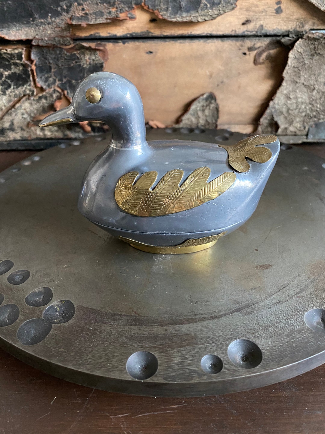 Vintage Chinese Pewter and Brass Duck Trinket Box, Vintage Trinket Box ...