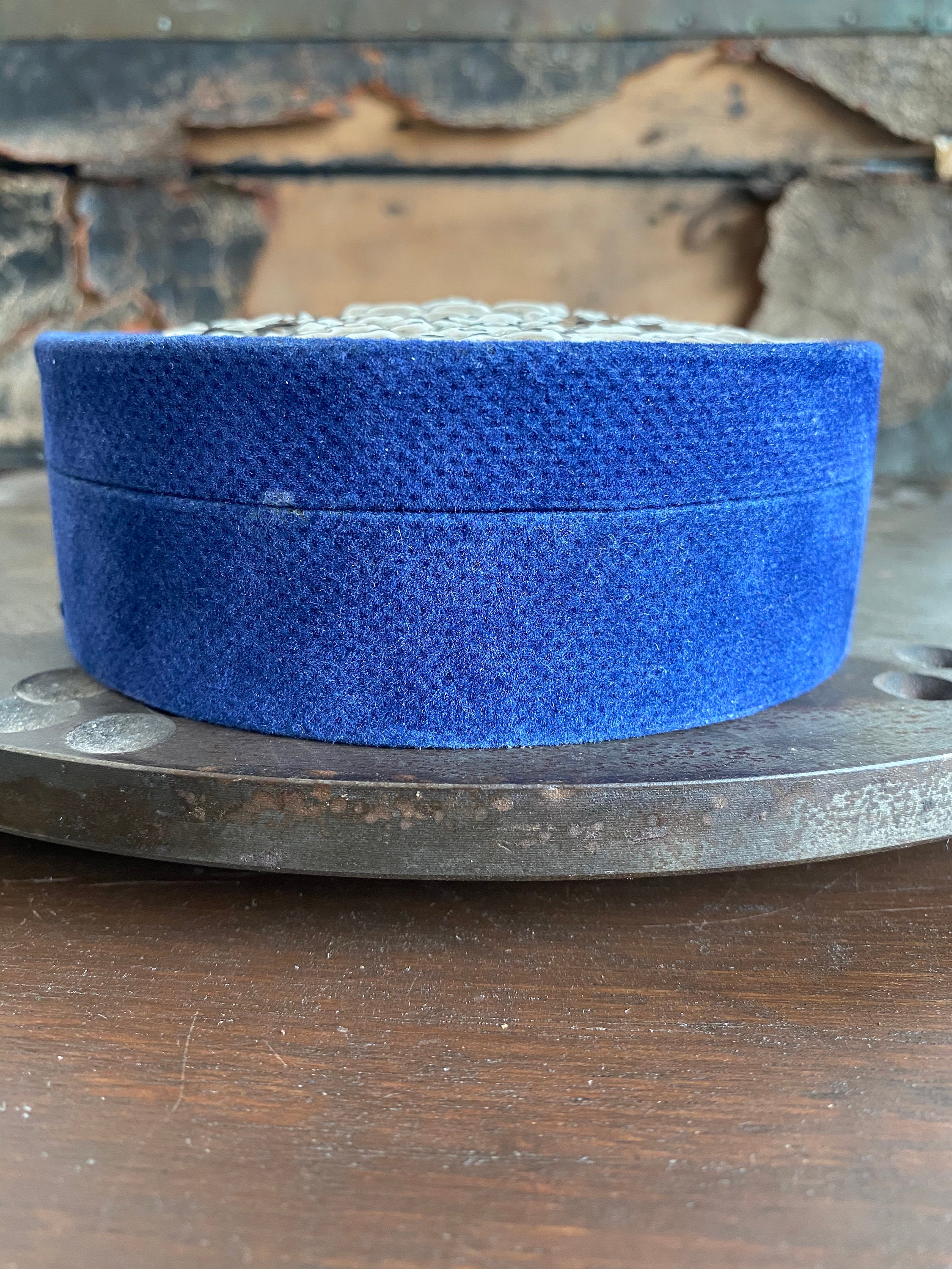 Vintage Blue Velvet Jewelry Trinket Box with Metal Inlay | Etsy