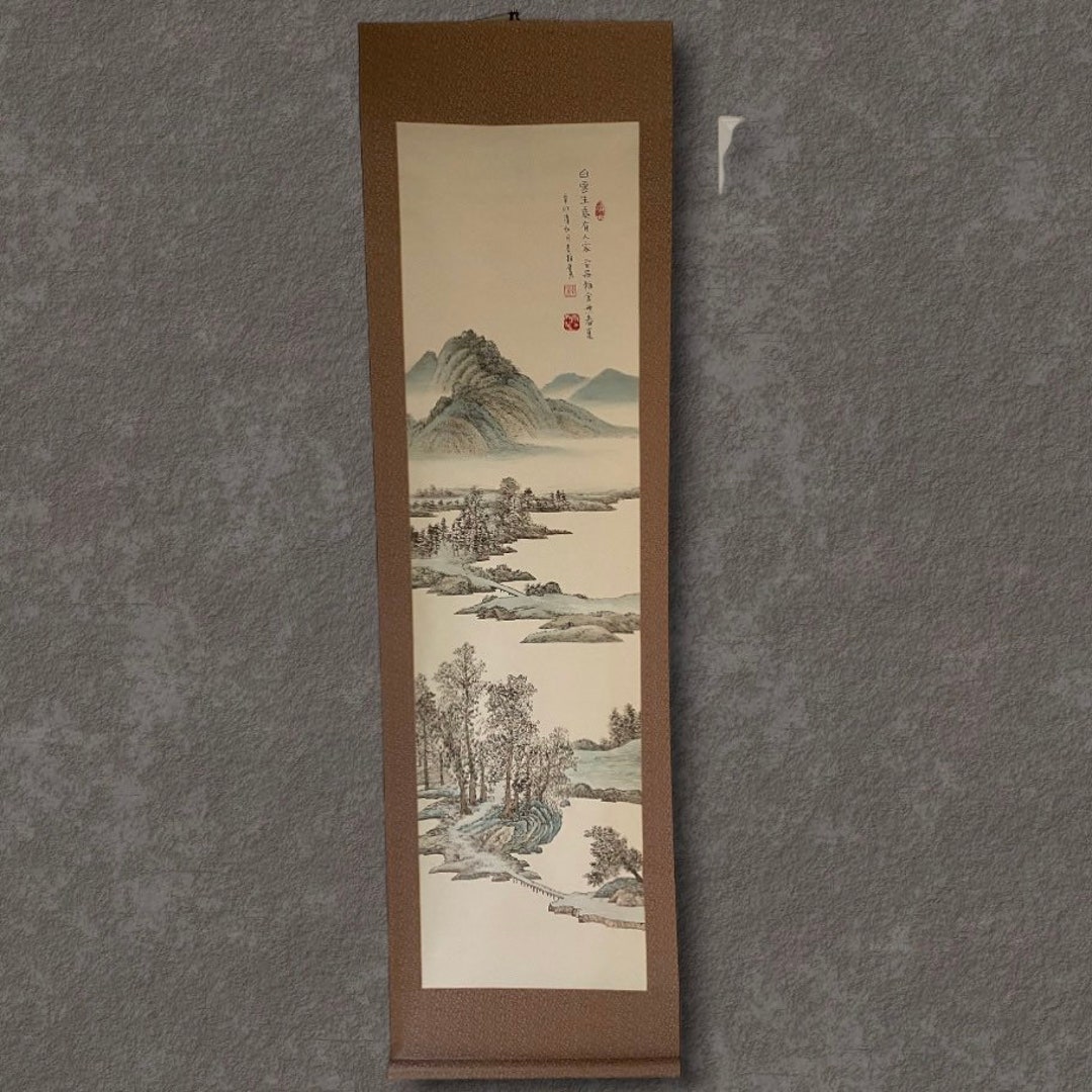 Vintage Silk Scroll With Chinese Mountain Landscape Scene, Chinese ...