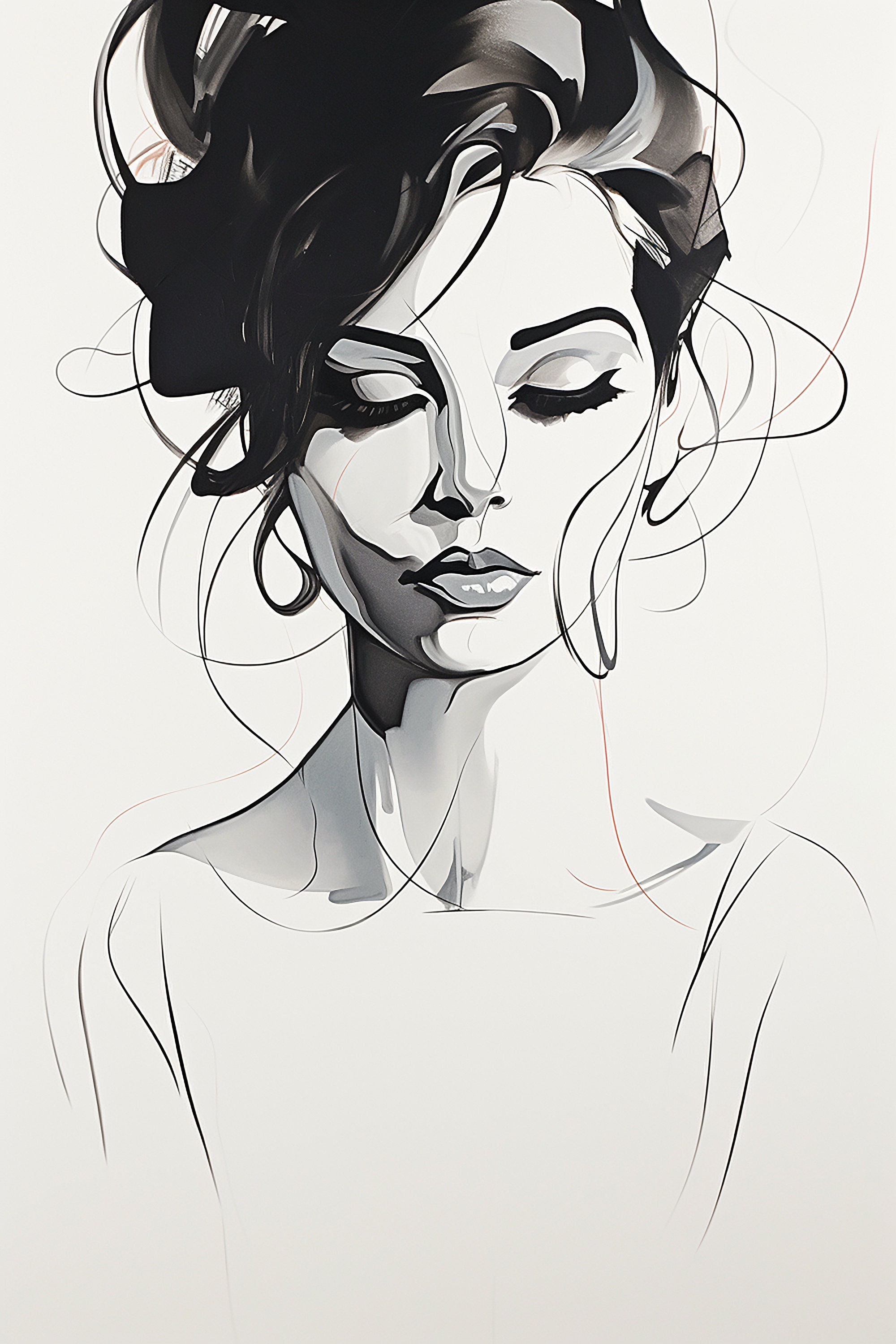 Abstract Black and White Woman Portrait Elegant Line Art Chic Fashion ...
