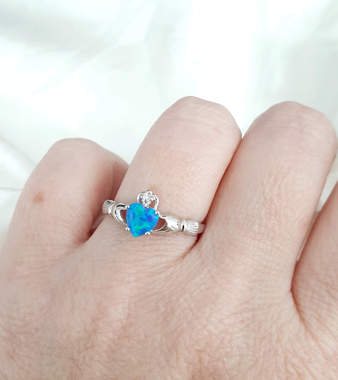 October Birthstone Blue Opal Ring, Irish Blue Opal Claddagh Ring ...