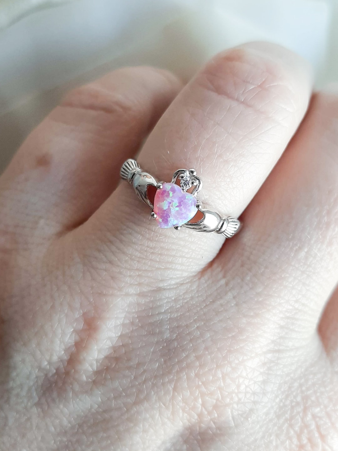 October Birthstone Pink Opal Ring, Irish Rainbow Pink Opal Claddagh ...