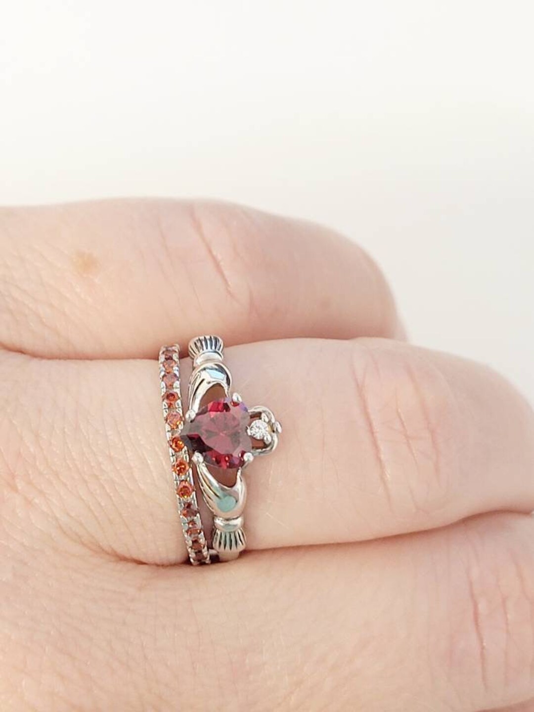 Garnet Claddagh Ring Set: Sterling Silver Eternity Band, January ...