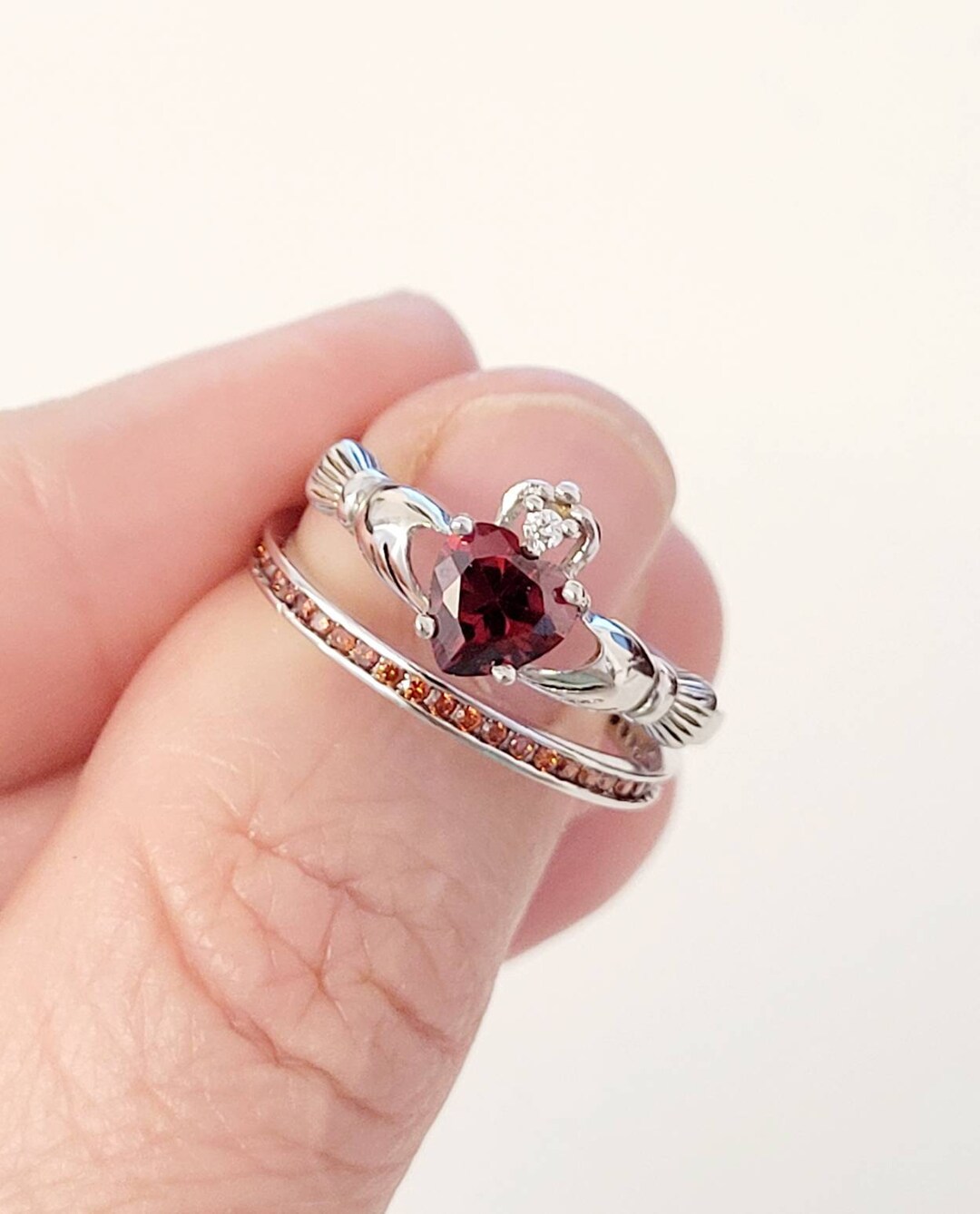 Garnet Claddagh Ring Set: Sterling Silver Eternity Band, January ...