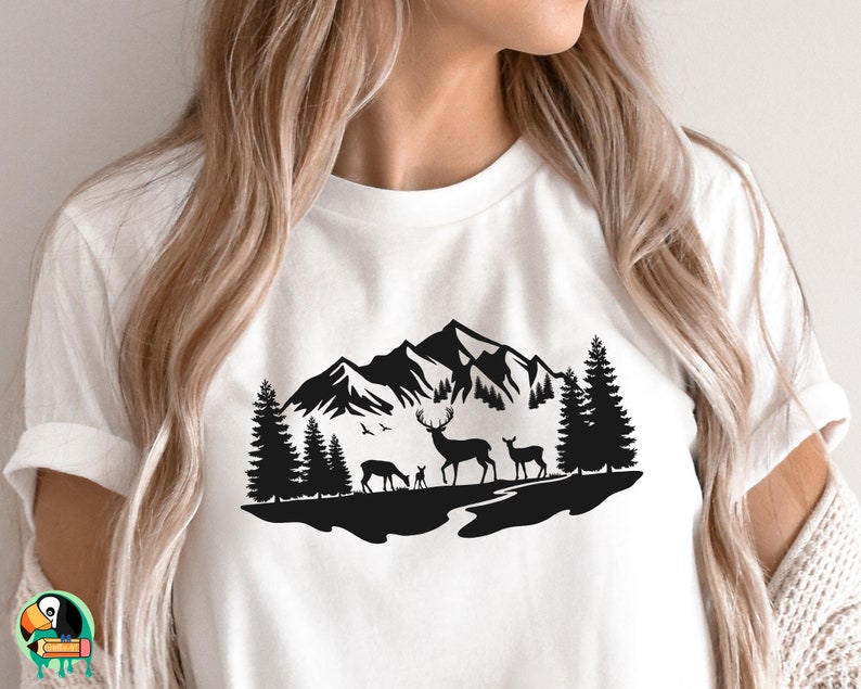 Deer Mountains Scene SVG, Outdoors Scene Svg, Deer Family Svg, Forest ...