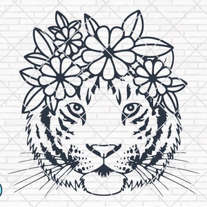 Tiger With Flowers SVG, Flower Crown SVG, Tiger SVG, Tiger Face Svg ...