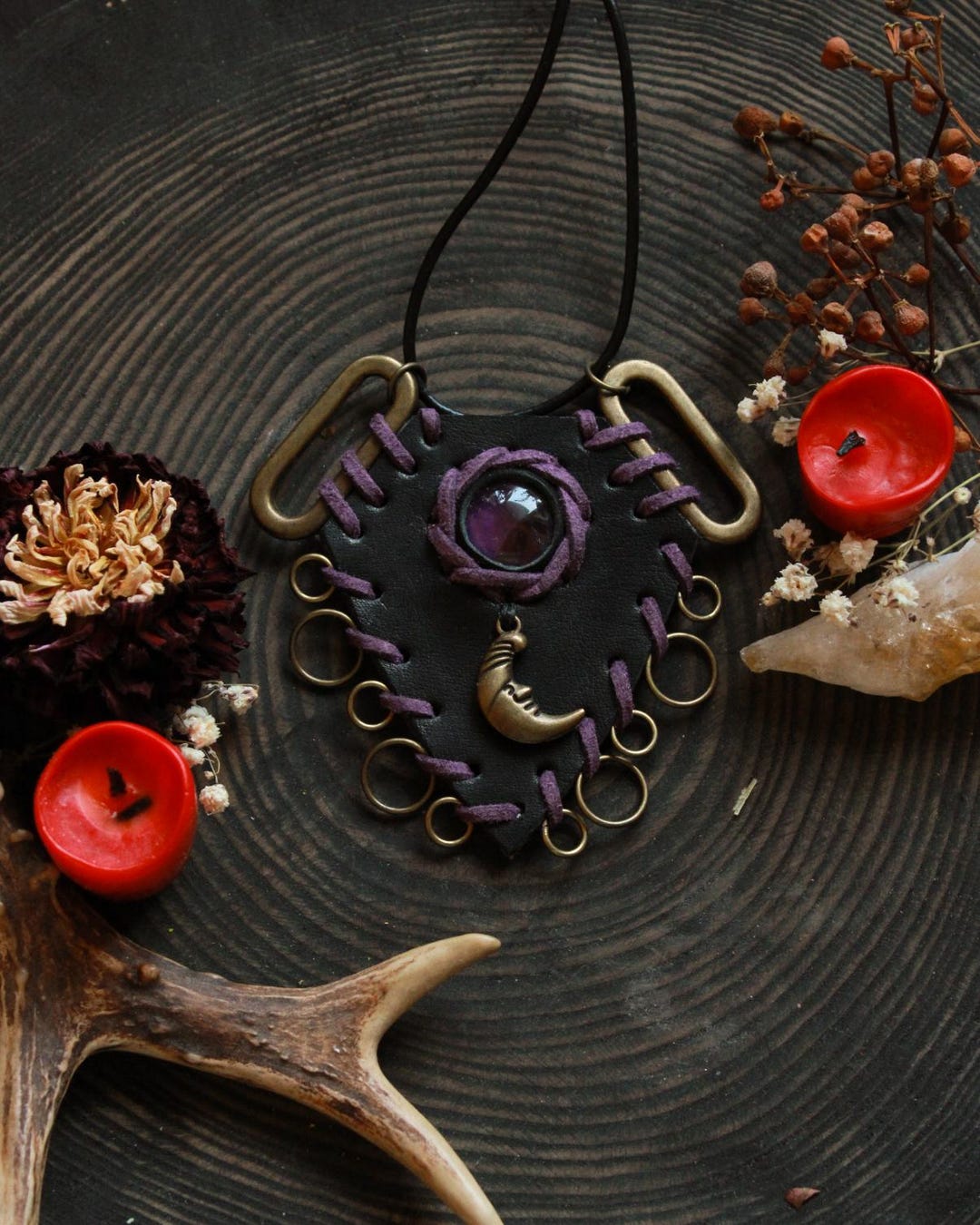 Dark Moon Oracle Necklace, Pagan Necklace, Genuine Leather Necklace ...