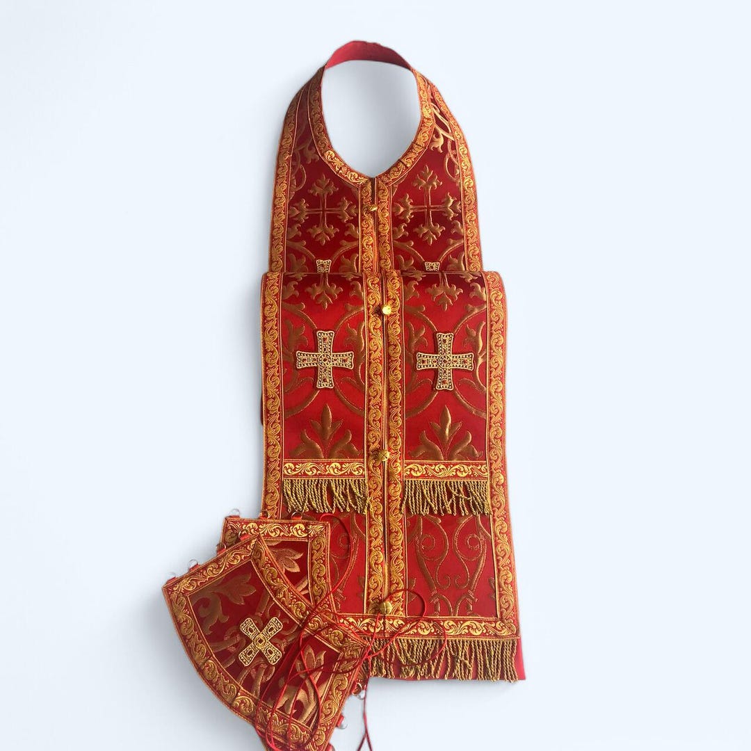 Red Orthodox Epitrachelion and Cuffs in Floral Metallic Brocade, Easter ...