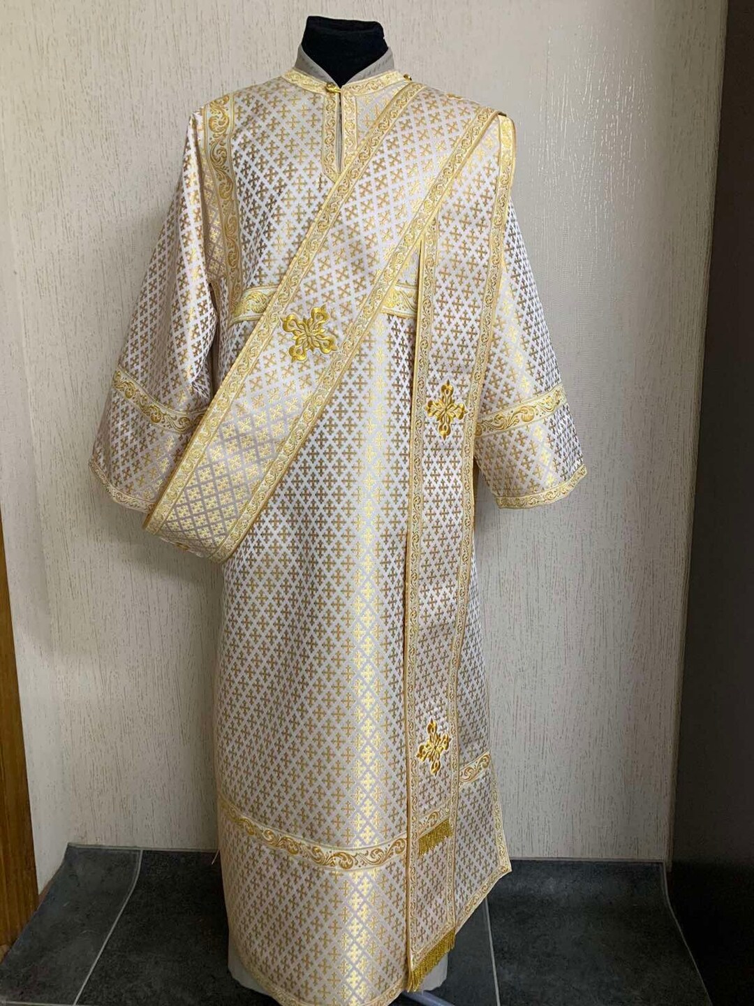 White With Gold Deacon Vestments From Cross Pattern Brocade, Custom ...