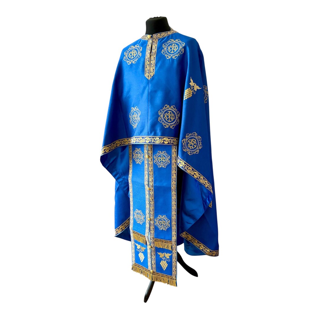 Virgin Mary Protection Embroidered Orthodox Blue Priest Vestment With ...