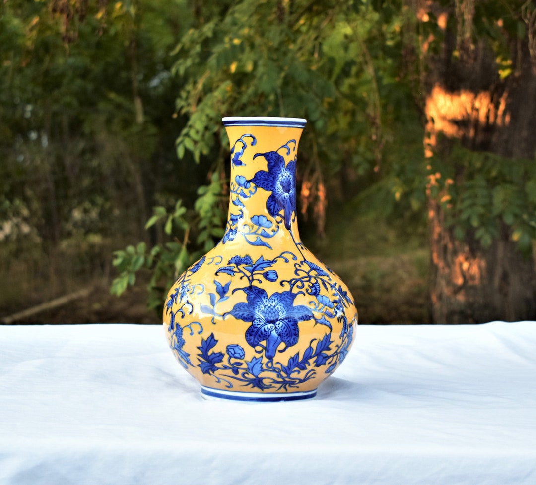 Large Antique Chinese Yellow Ground Porcelain Vase With Cobalt - Etsy