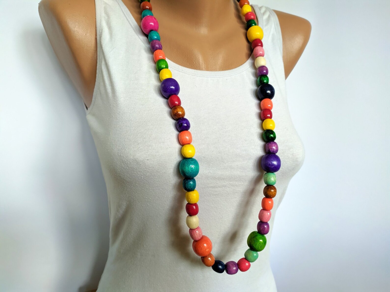 Multi color long bead necklaces for womenLarge wooden bead | Etsy