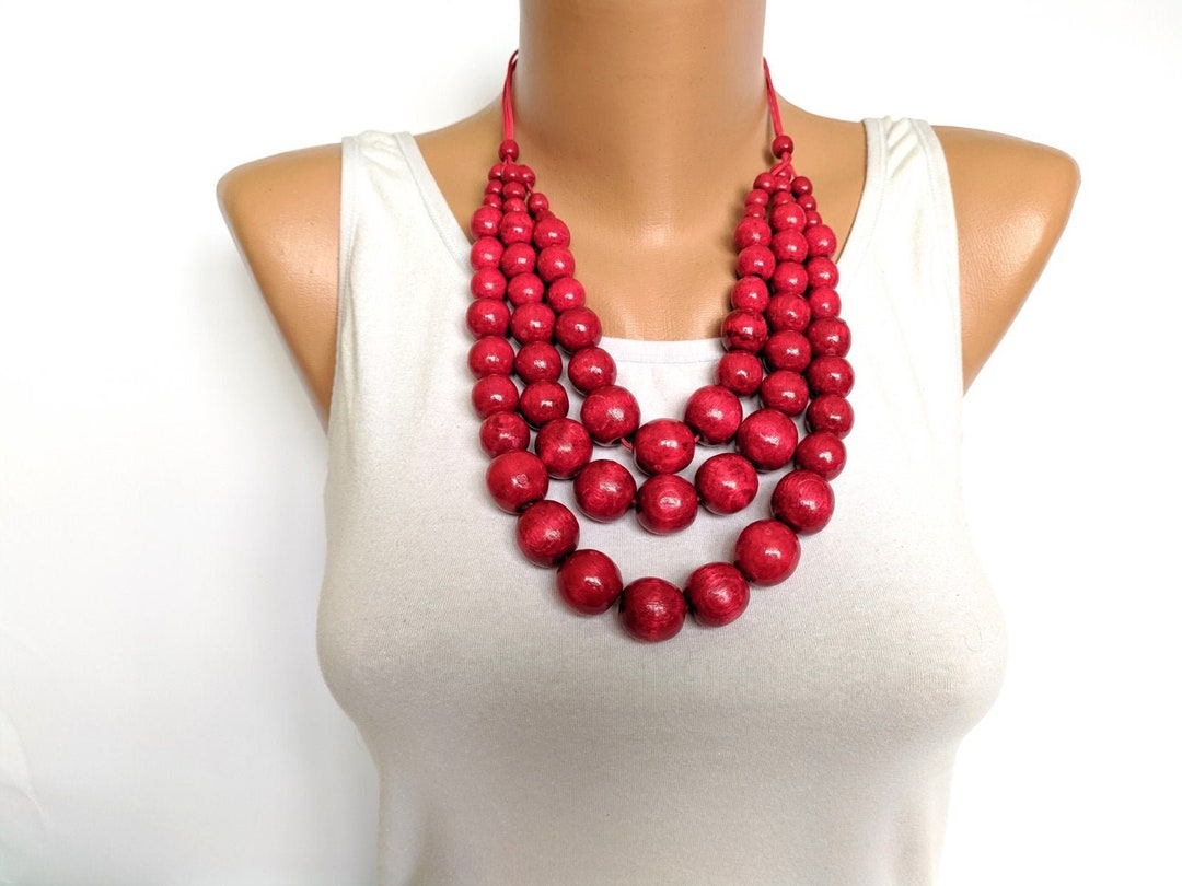 Handmade Red Necklace for Women,multi Strand Wooden Necklace,multi ...