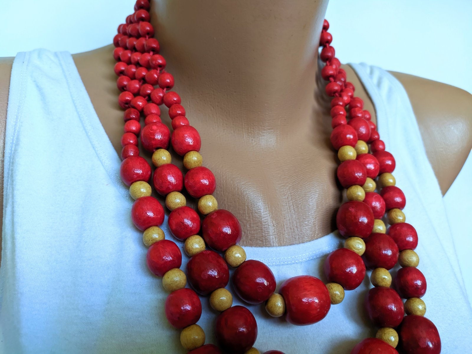 Red Bead Necklace for Women,large Wood Bead Necklace,chunky Bead ...