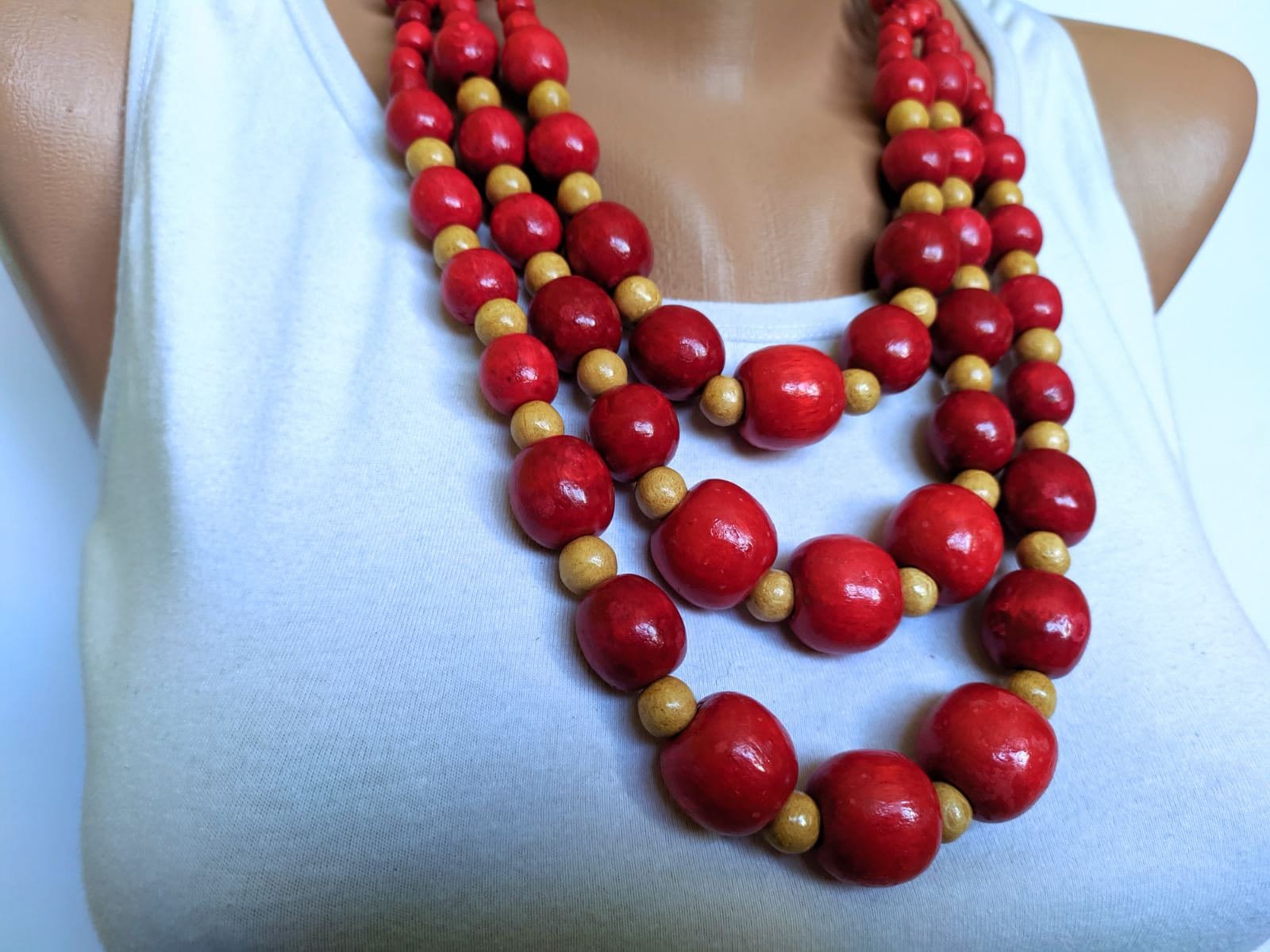 Red bead necklace for womenLarge wood bead necklaceChunky | Etsy