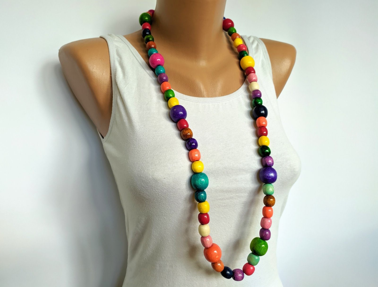 Multi color long bead necklaces for womenLarge wooden bead | Etsy