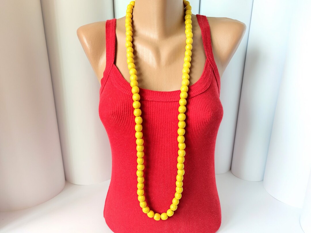 Long Yellow Beaded Necklace,wood Boho Jewelry,chunky Wooden Bead ...