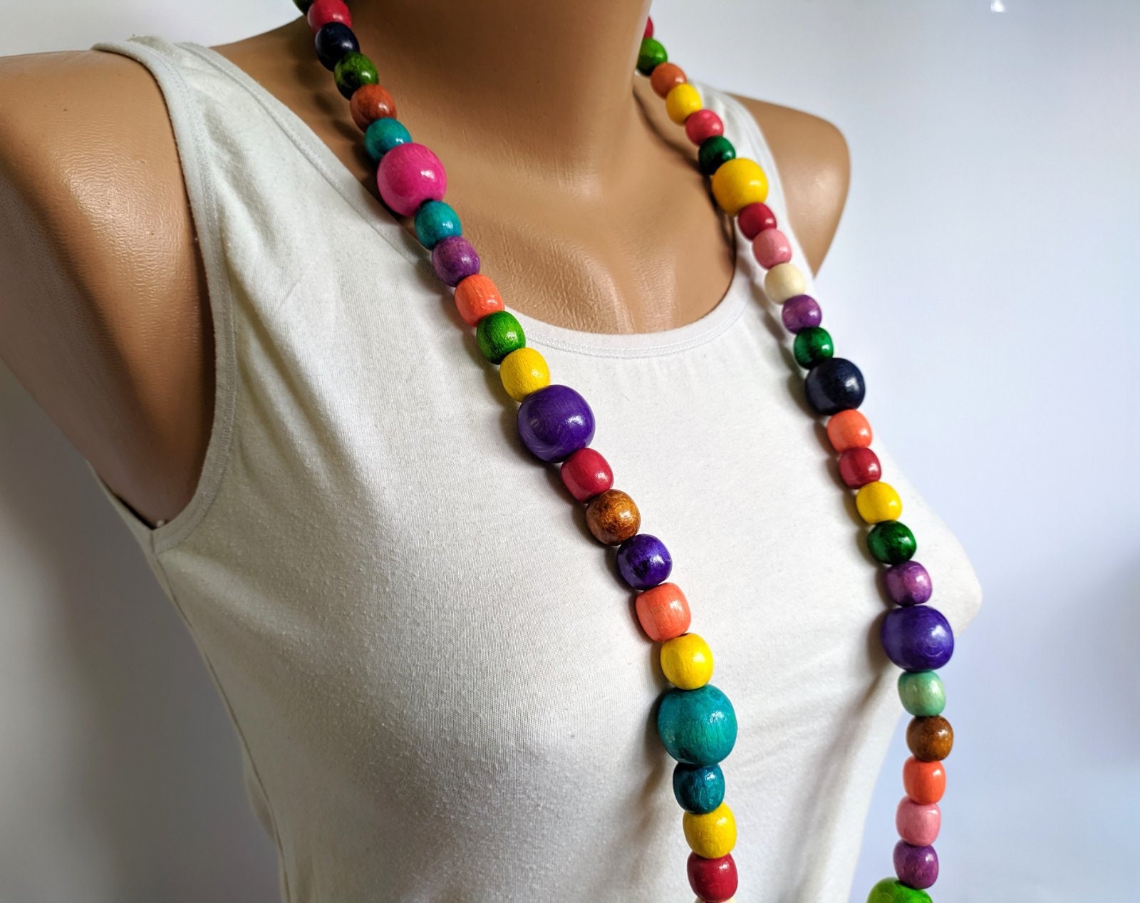Multi color long bead necklaces for womenLarge wooden bead | Etsy