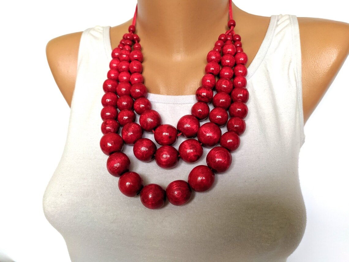 Handmade Red Necklace for Women,multi Strand Wooden Necklace,multi ...