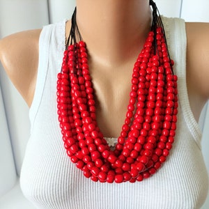 Red Layered Bead Necklace,layering Wooden Necklace,chunky Wooden Bead ...