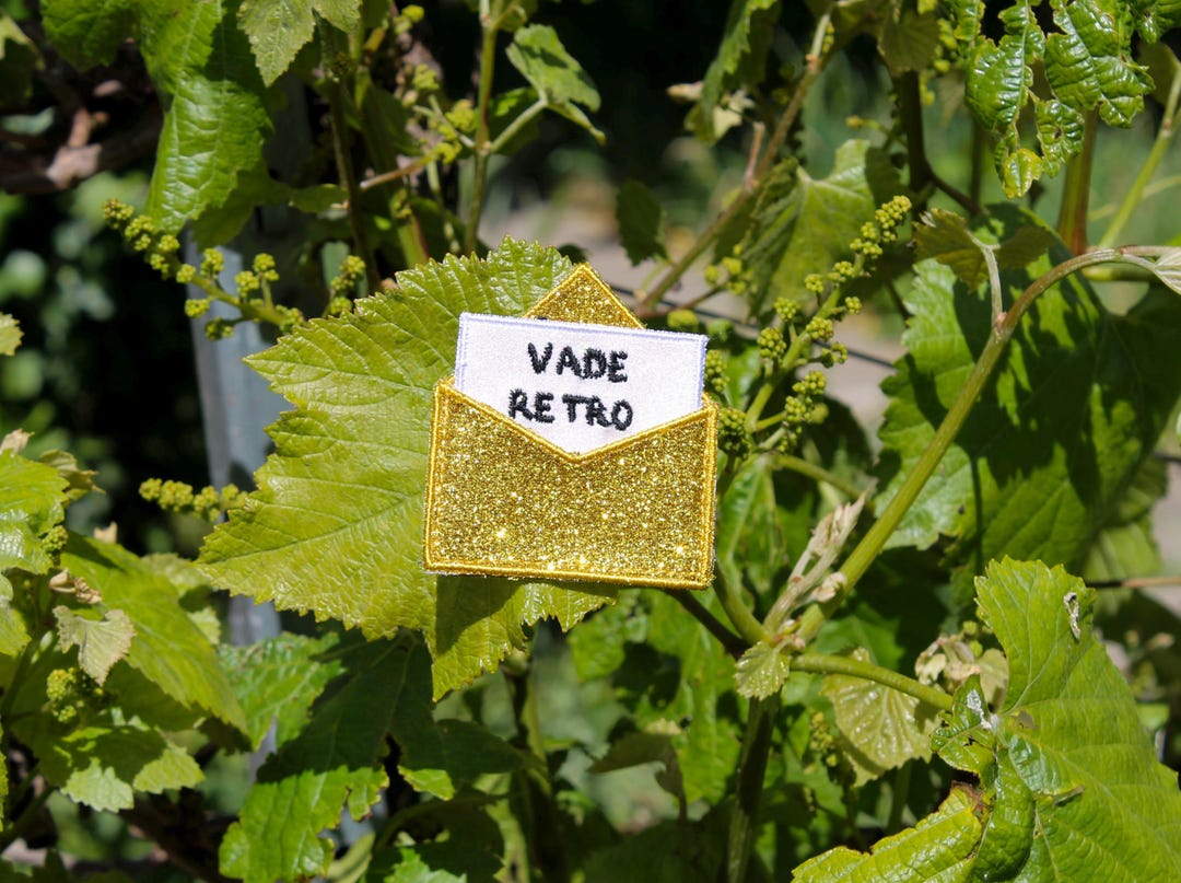 VADE RETRO Brooch With a Fun Embroidered Message in a Colorful Glittery ...