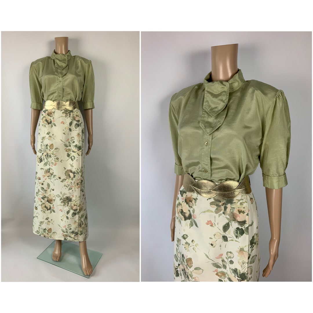 1980's Puff Shoulder Vintage Blouse Green Silk Cotton Shoulder Pads ...