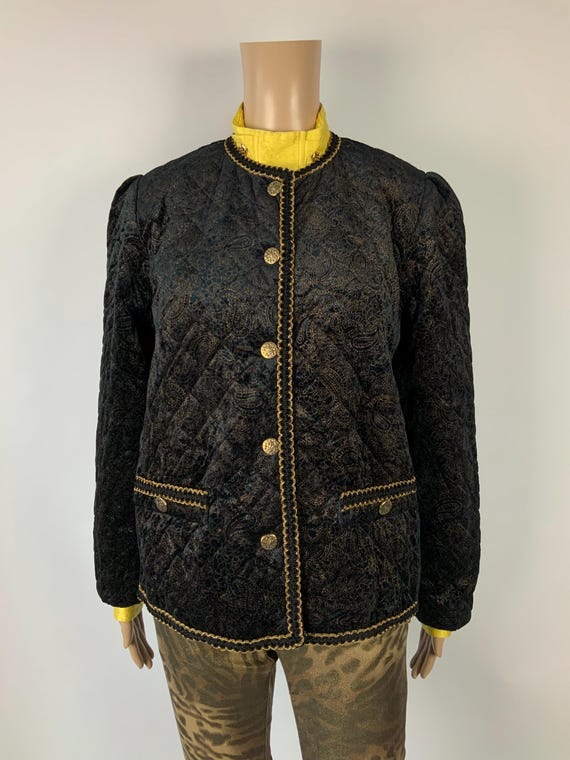 Vintage Velvet Quilted Jacket / 1980's Black Golden B… - Gem