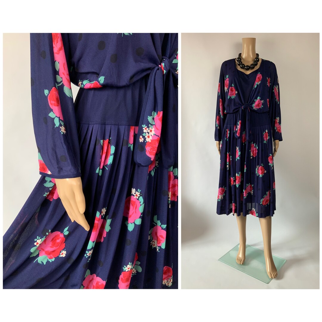 GIBI ROMA Vintage Dotted Floral Print Dress 1980's Batwing Cut Summer ...