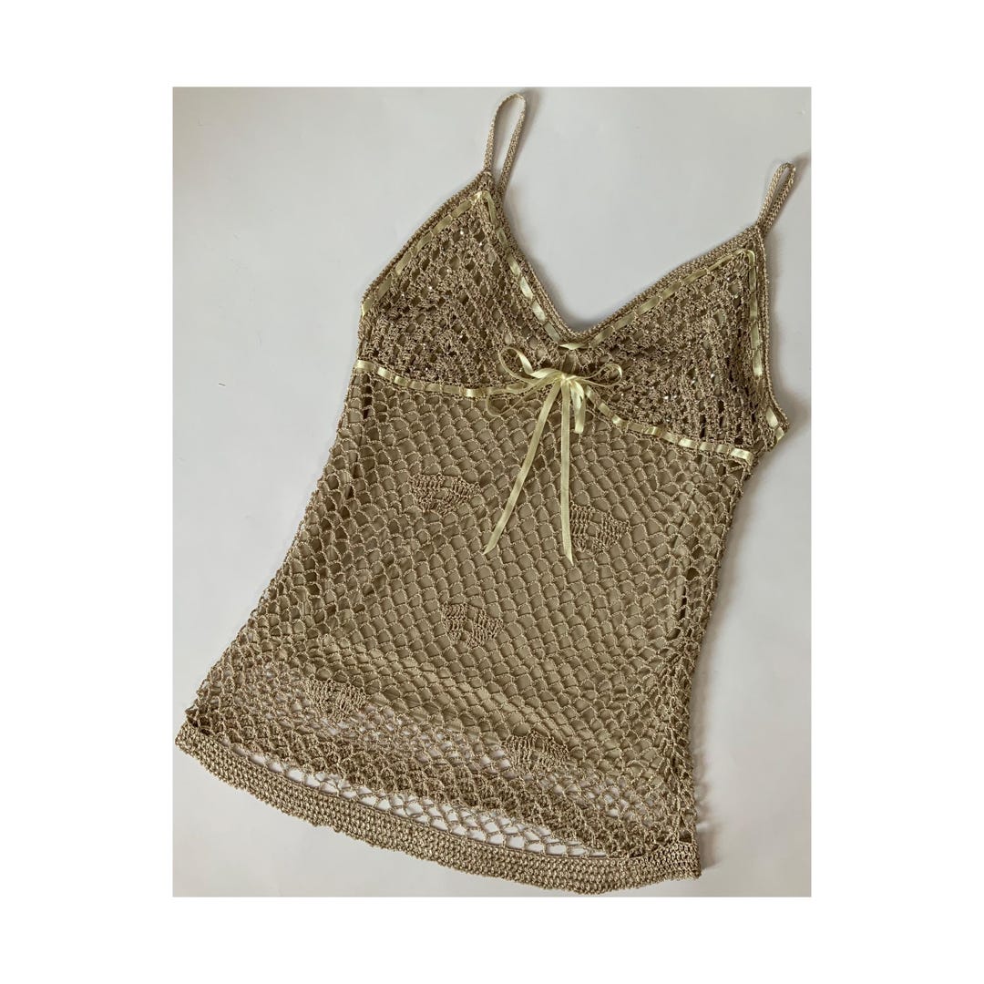 Vintage Mermaid Core Crochet Knit Top Beaded Fishnet Camisole Y2K Size ...