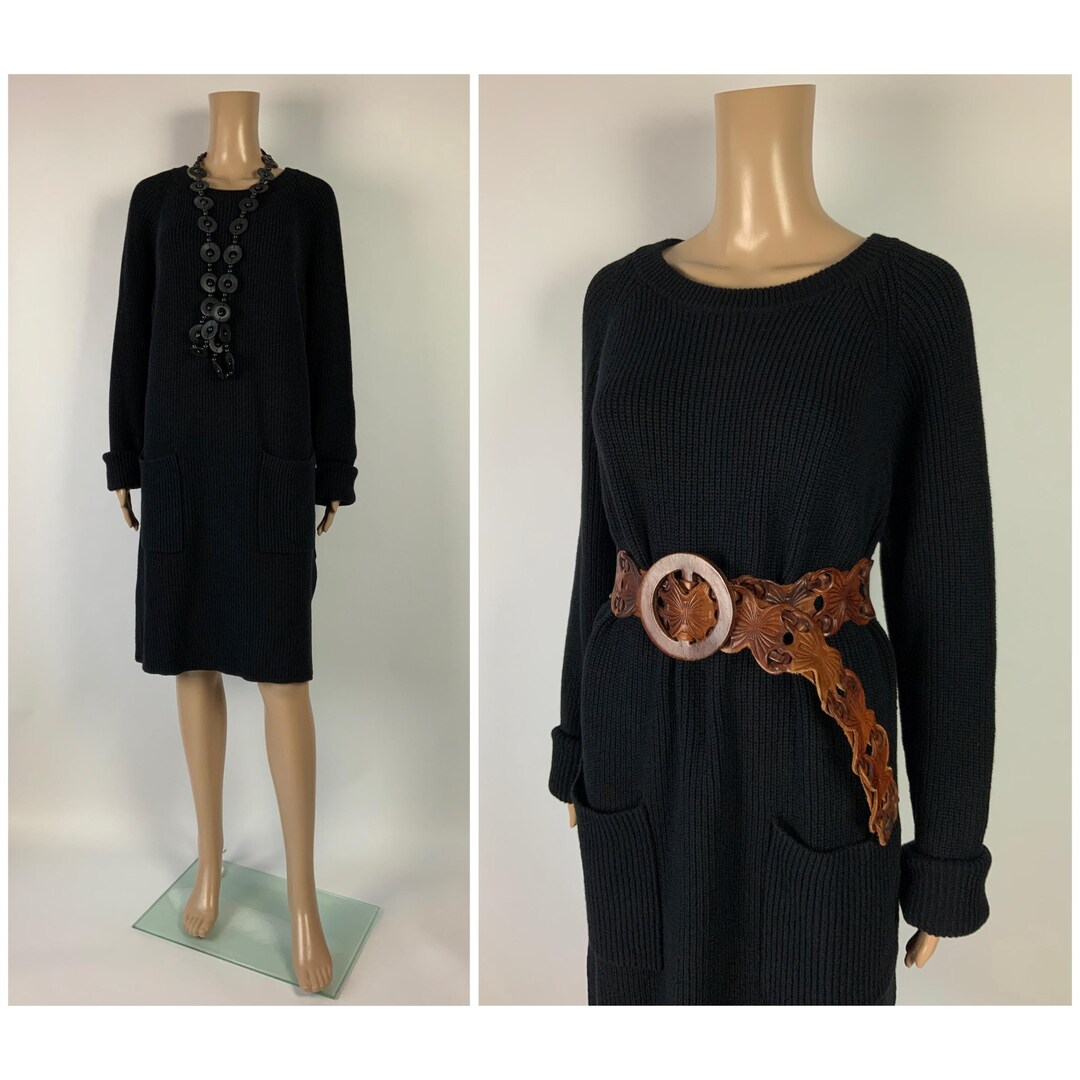 NANSO Chunky Knit Wool Dress / Long Black Cotton Sweater / Casual ...