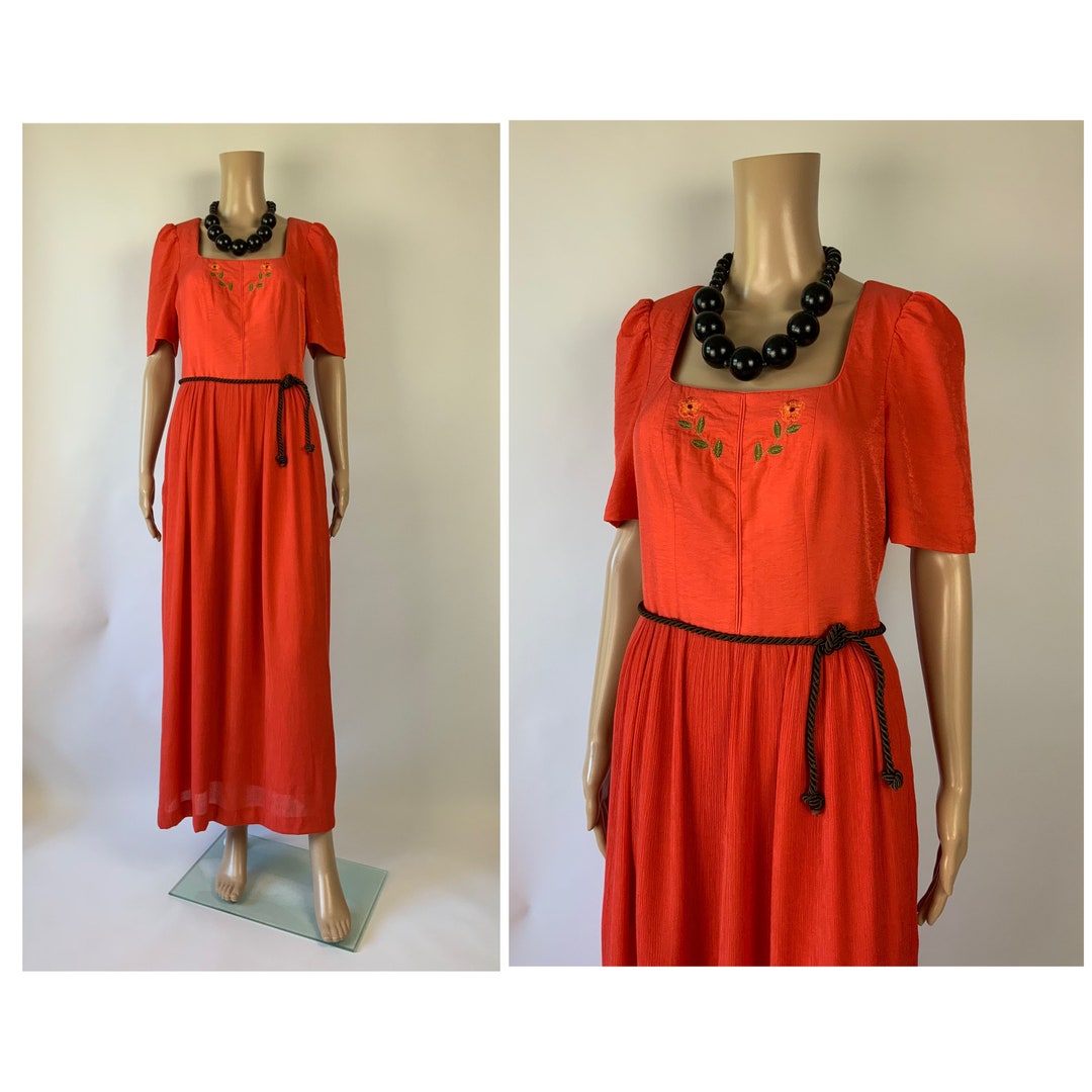 Vintage Red Summer Maxi Dress Puff Sleeve Austrian Folk Dirndl Gown ...