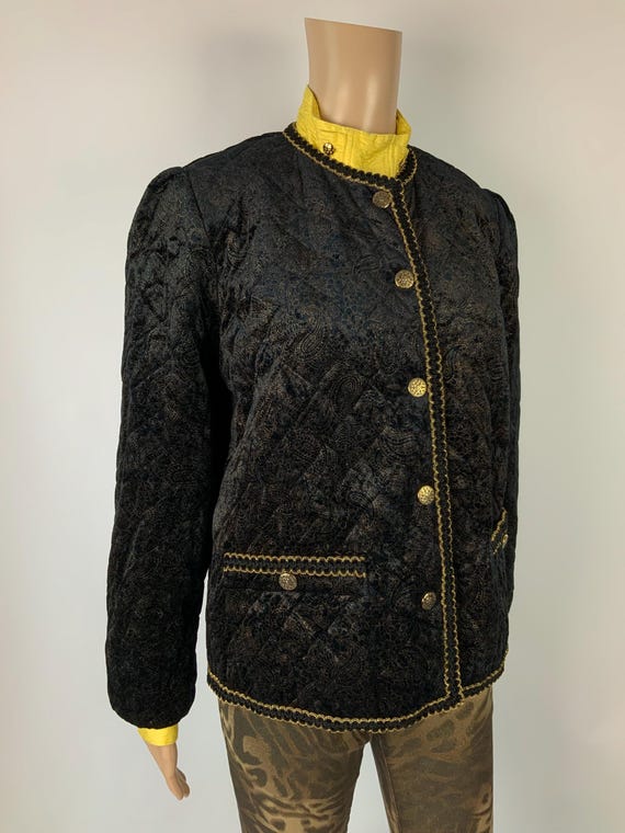 Vintage Velvet Quilted Jacket / 1980's Black Golden B… - Gem