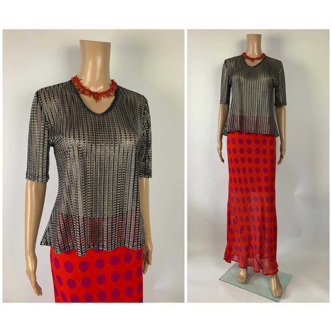 Vintage Sheer Metallic Blouse / Club Kid Silver Shirt / Metallic Lace ...