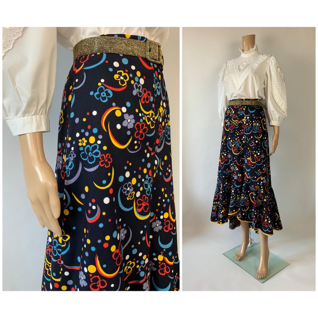 Vintage 1970's Mermaid Ruffle Hem Skirt High Waist Funky Floral Maxi ...