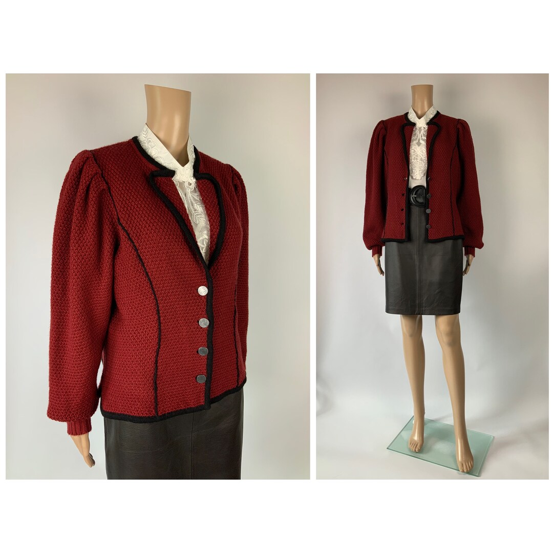 Vintage Puff Sleeve Burgundy Cardigan / Traditional Wool Sweater ...