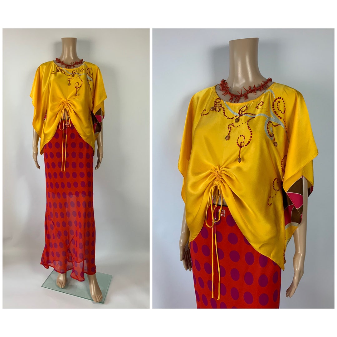 Vibrant Yellow Silk Vintage Kaftan Blouse One Size Beaded Beach Top ...