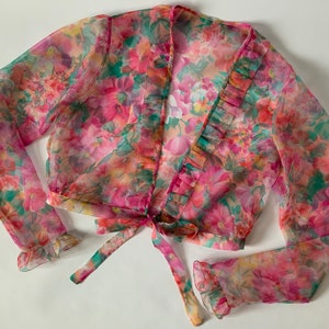 Vintage 1970's Sheer Floral Blouse / Pink Organza Ruffle Jacket ...
