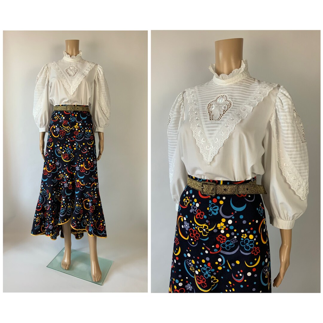 Vintage Groovy Floral Print Mermaid Ruffle Skirt 1970's Summer High ...