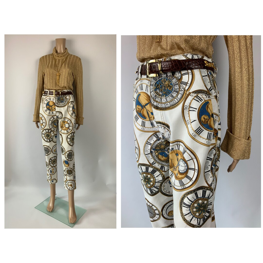 1980's White Groovy Clock Print Vintage Jeans Cropped Novelty ...