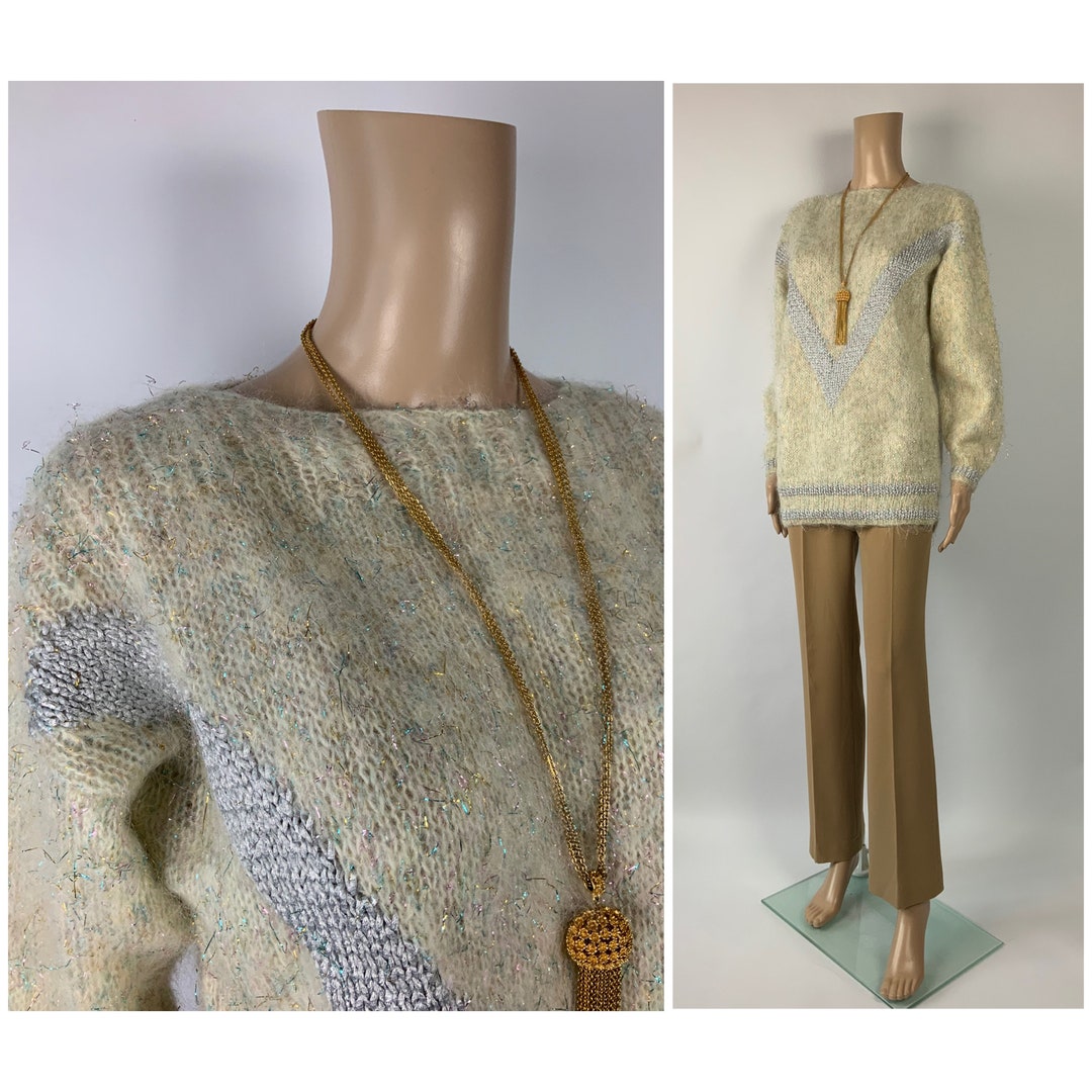 Vintage White Fuzzy Winter Sweater / Cute Sparkly Silver Jumper / Hand ...