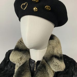 Vintage 1980's Big Gold Stud Beret Black Wool Statement Hat Embellished ...