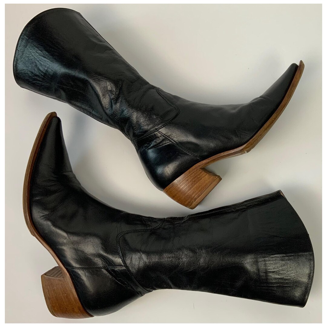 Vintage Black Pointy Toe Cowboy Style Boots / Block Heel Leather ...