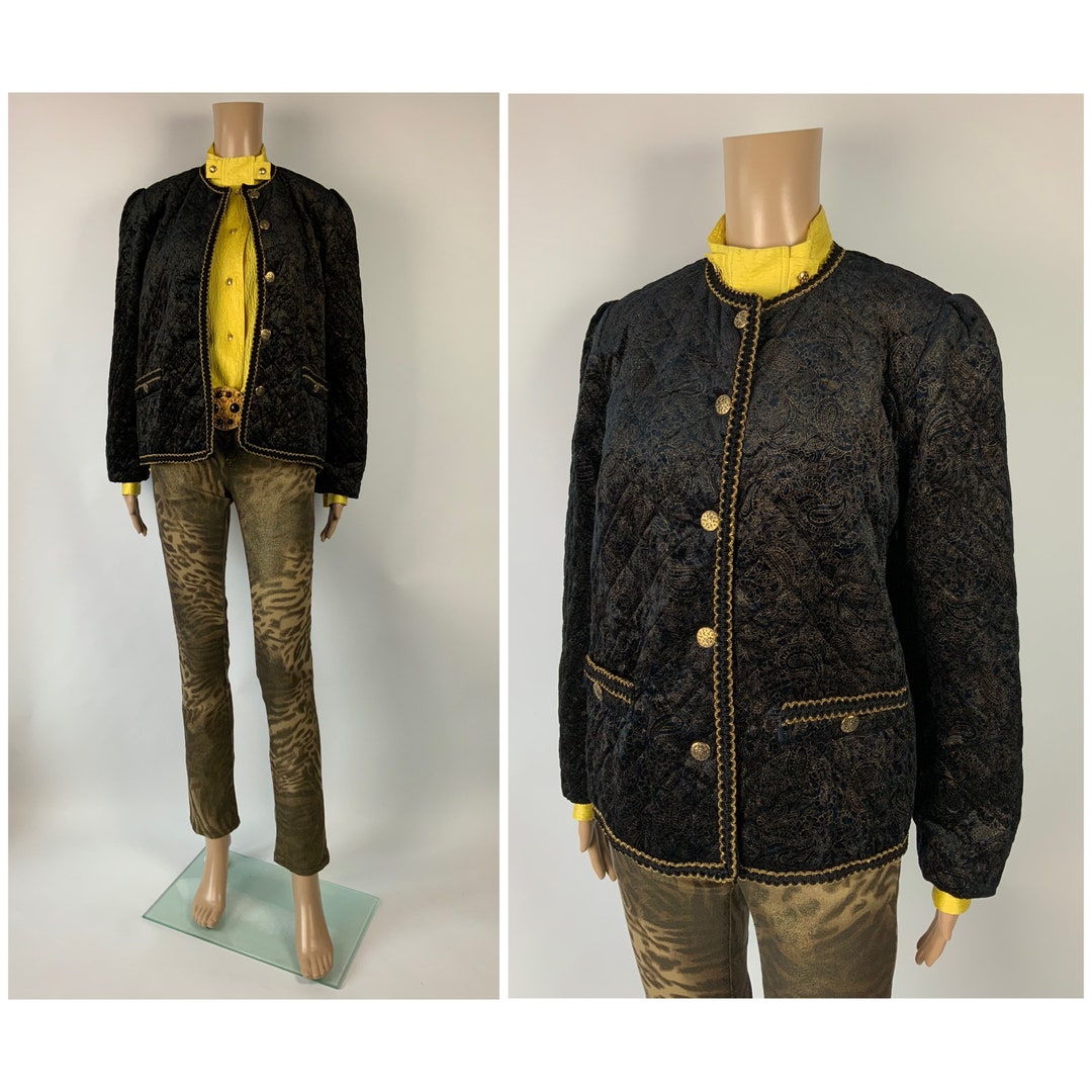 Vintage Quilted Velvet Jacket / 1980's Golden Paisley Jacket / Black ...