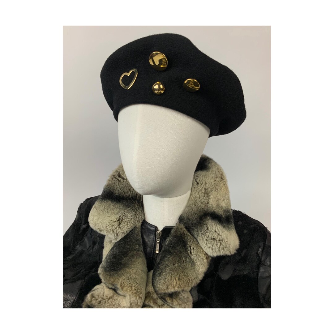 Vintage 1980's Big Gold Stud Beret Black Wool Statement Hat Embellished ...
