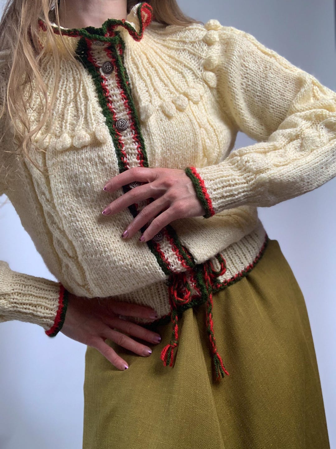 80s Vintage High Collar Victorian Style Cardigan / Pom Pom Cinched ...