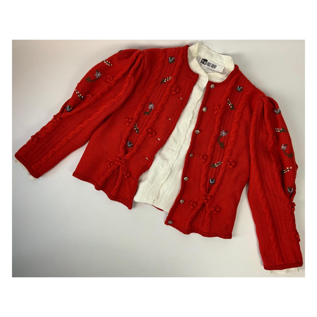 Vintage Red Wool Cardigan Cottagecore Embroidered Sweater Puff Sleeve ...