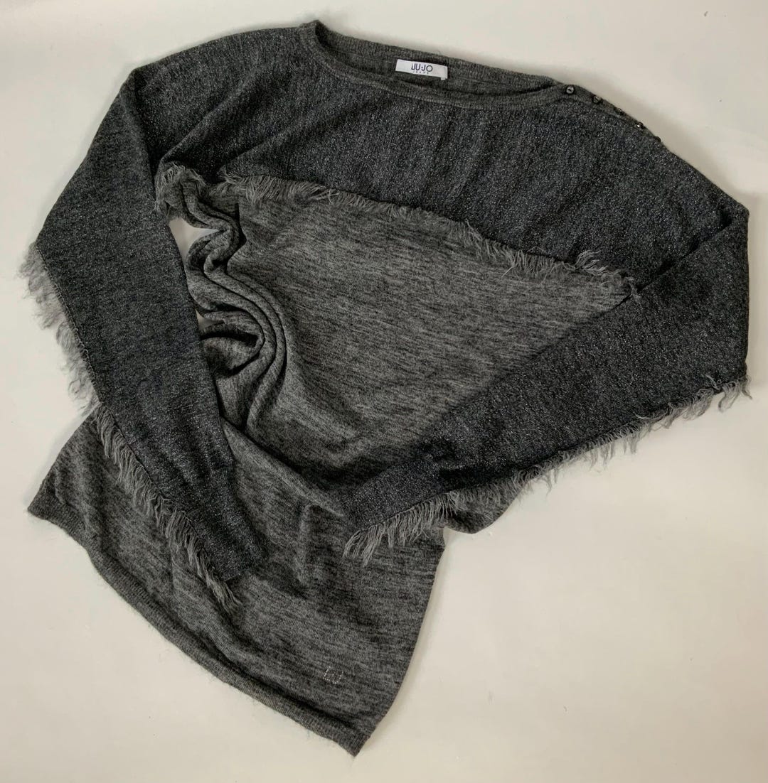 LIU JO Sparkly Grey Wool Longline Fringe Sweater / Preloved Relaxed Fit ...
